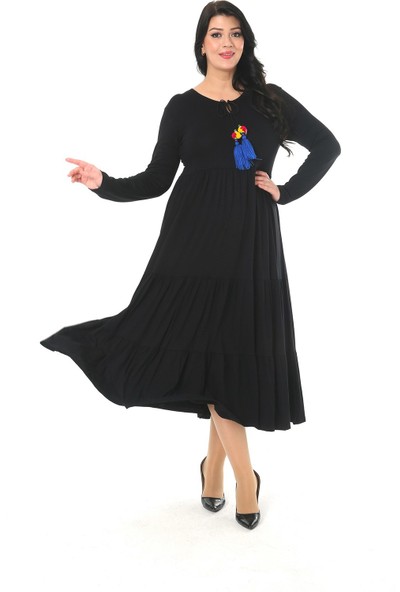 Womenice Kadın Siyah Önü Bağlamalı Saks Püsküllü Büyük Beden Elbise Womenice Kadın Siyah Önü Bağlamalı Saks Püsküllü Büyük Beden Elbise