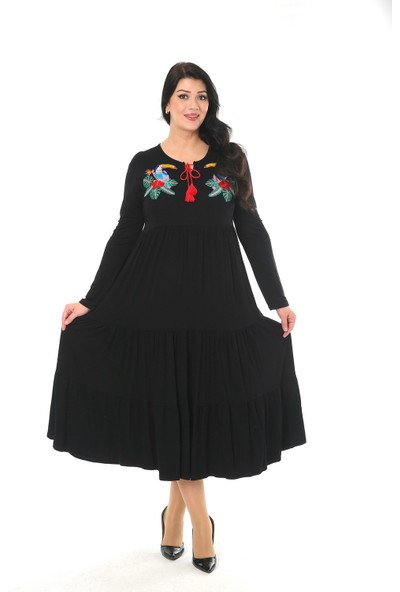 Womenice Kadın Siyah Önü Bağlamalı Kuş Baskılı Büyük Beden Elbise