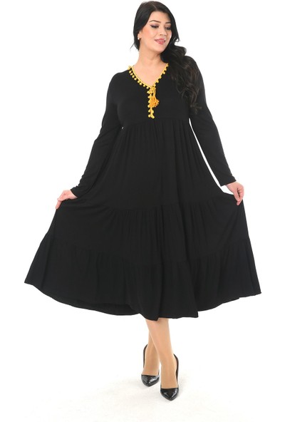 Womenice Kadın Siyah Önü V Yaka Hardal Püsküllü Büyük Beden Elbise