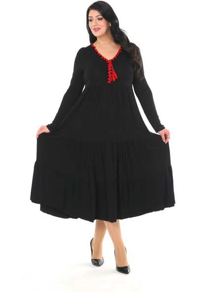 Womenice Kadın Siyah Önü V Yaka Kırmızı Püsküllü Büyük Beden Elbise