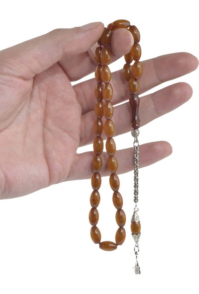 Sarı Otantik Sıkma Kehribar Beyzi Kesim 6,5 mm 11 mm 925 Ayar Gümüş Püskül Tesbih