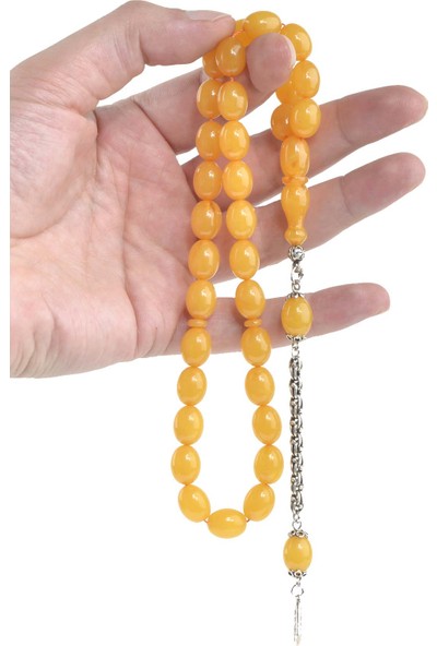 Sarı Otantik Sıkma Kehribar Beyzi Kesim 9 mm 13 mm 925 Ayar Gümüş Püsküllü Tesbih