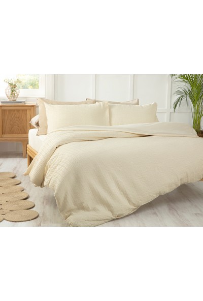 English Home Crinkly Simli Gofre Çift Kişilik Nevresim Takımı 200 x 220 cm Ekru - Altın