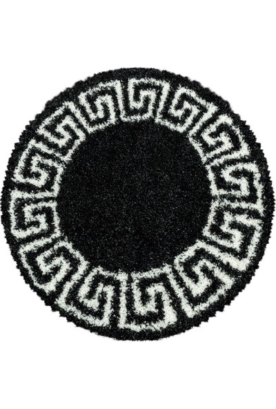 Oves Home Yuvarlak Desenli Shaggy Halı Yumuşak Ornament Bordür Desen Siyah Beyaz