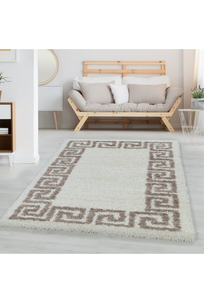 Oves Home Desenli Shaggy Halı Yumuşak Ornament Bordür Desen Krem Bej