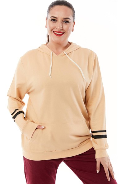 Siyezen Büyük Beden Kapişonlu Kanguru Cepli Çizgili Camel Basic Sweatshirt Siyezen Büyük Beden Kapişonlu Kanguru Cepli Çizgili Camel Basic Sweatshirt
