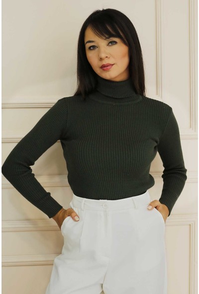 İmaj Butik Tam Boğazlı Basic Triko Kazak/haki