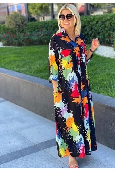 Sevdalinka Fashion Siyah Desenli Büyük Beden Uyumlu Gömlek Elbise