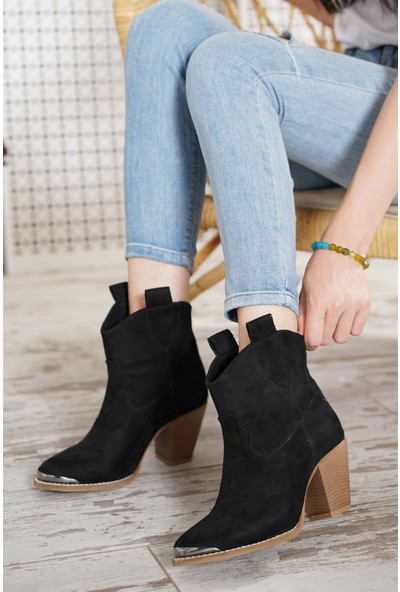 Letao Kadın Siyah Topuklu Western Bot