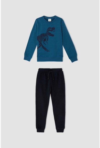 DeFacto Erkek Çocuk Dinozor Baskılı Bisiklet Yaka Uzun Kollu İçi Yumuşak Tüylü 2'li Takım V7326A621WN