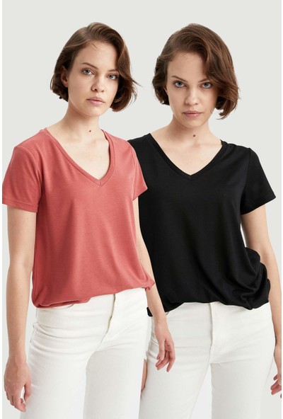 DeFacto Regular Fit V Yaka Pamuklu 2'li Tişört W4303AZ21AU