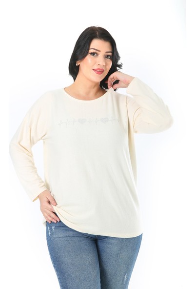 Womenice Kadın Ekru Kalp Baskılı Pamuklu Büyük Beden Bluz