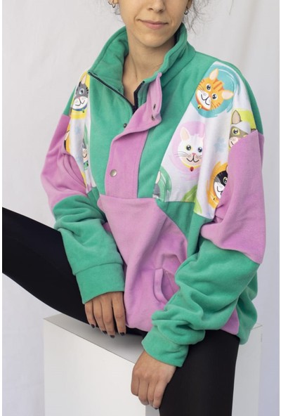 Kadın Erkek Yarım Fermuarlı Kedi Desenli Polar Sweatshirt Kadın Erkek Yarım Fermuarlı Kedi Desenli Polar Sweatshirt