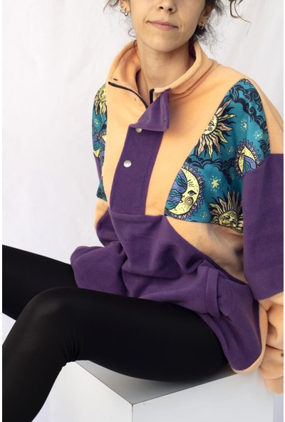 Kadın Erkek Yarım Fermuarlı Güneş Desenli Polar Sweatshirt