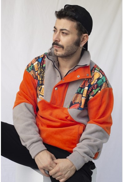 Kadın Erkek Yarım Fermuarlı Turuncu Gri Polar Sweatshirt