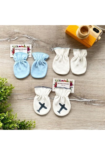 Renkli Puset 3'lü Penye Eldiven Uçaklı Desen