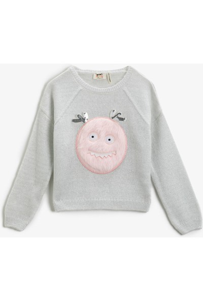 Koton Kız Çocuk Canavar İşlemeli Bisiklet Yaka Kazak Uzun Kollu