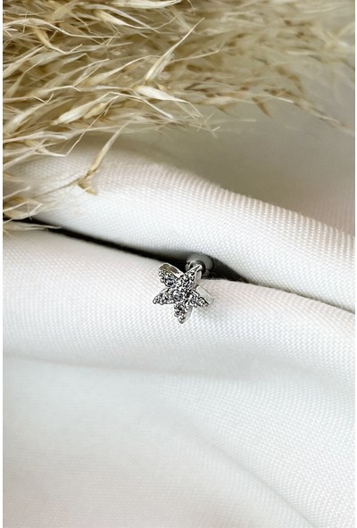 Takıştır Cerrahi Paslanmaz Çelik Gümüş Renk Yıldız Figürlü Taşlı Tragus-Helix Kulak Piercing