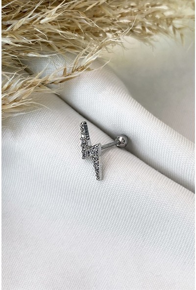 Takıştır Cerrahi Paslanmaz Çelik Gümüş Renk Şimşek Figürlü Taşlı Tragus-Helix Kulak Piercing