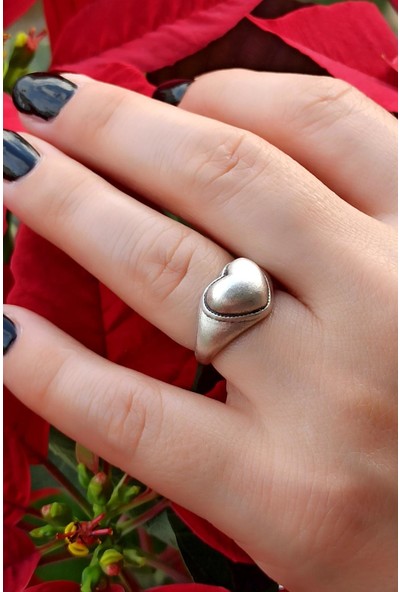 Fildişi Aksesuar Antik Gümüş Kaplama Kalp Şekilli El Yapımı Ayarlanabilir Yüzük