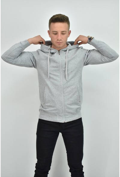 Zidanlife Zidan 4647 Iki Iplik Kapşonlu Fermuarlı Kanguru Cep Sweatshirt - Gri