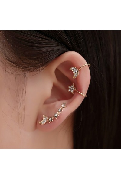 Playseba 3 Adet Zirkon Taşlı Ay ve Yıldız Figürlü Earcuff ve Küpe Seti Playseba 3 Adet Zirkon Taşlı Ay ve Yıldız Figürlü Earcuff ve Küpe Seti
