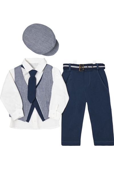Babydoll %100 Pamuk Erkek Bebek Yelek Gömlek Papyon Pantolon Şapka 4lü Set