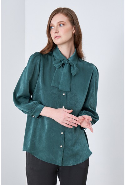 Gusto Boyundan Bağlı Saten Bluz - Yeşil