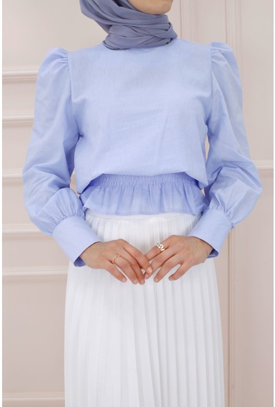 İmaj Butik İmaj Beli Büzgülü Keten Bluz/buz Mavi