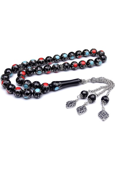 Tesbih Rüyası Gümüş ve Kırmızı Turkuaz Işlemeli Kuka Tesbih