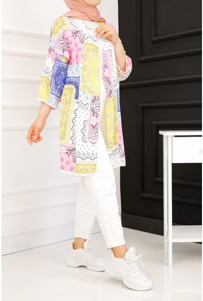 İmaj Butik Desenli Salaş Kol Krep Kimono/bej-Turuncu İmaj Butik Desenli Salaş Kol Krep Kimono/bej-Turuncu