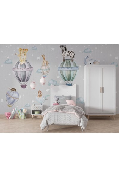 Duvar Kağıdı Marketi Balonun Üstünde Uçan Hayvan Desenli 3D Duvar Kağıdı