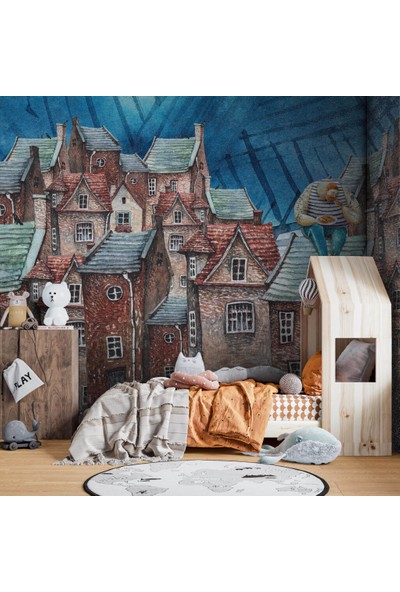 Duvar Kağıdı Marketi Renkli Binalar Çocuk Odası 3D Duvar Kağıdı