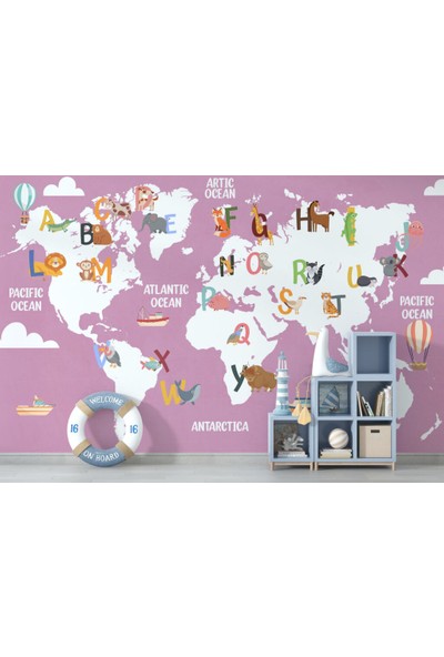 Duvar Kağıdı Marketi Alfabeli Dünya Haritası 3D Duvar Kağıdı