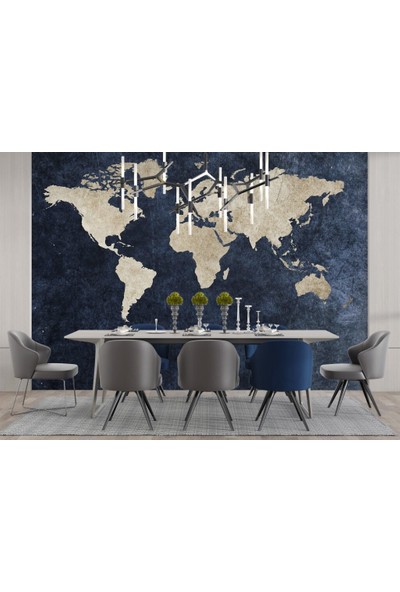 Duvar Kağıdı Marketi Mavi ve Beyaz Renkli Dünya Haritası 3D Duvar Kağıdı