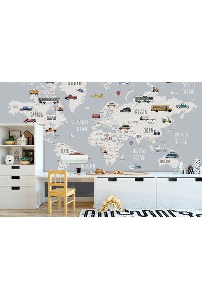 Duvar Kağıdı Marketi Araba Desenli Çocuk Haritası 3D Duvar Kağıdı