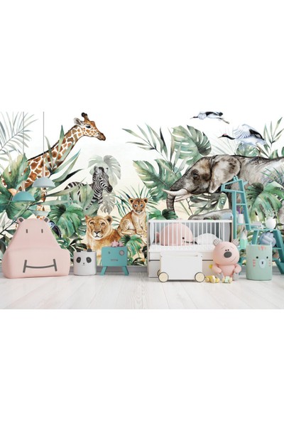 Duvar Kağıdı Marketi Sulu Boyalı Çok Hayvan Desenli 3D Duvar Kağıdı