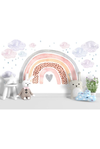 Duvar Kağıdı Marketi Sulu Boyalı Gökkuşağı ve Bulut Desenli 3D Duvar Kağıdı