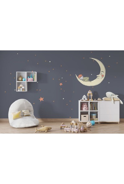Duvar Kağıdı Marketi Ay Dede'de Uyuyan Çocuk ve Yıldız Desenli 3D Duvar Kağıdı Duvar Kağıdı Marketi Ay Dede'de Uyuyan Çocuk ve Yıldız Desenli 3D Duvar Kağıdı