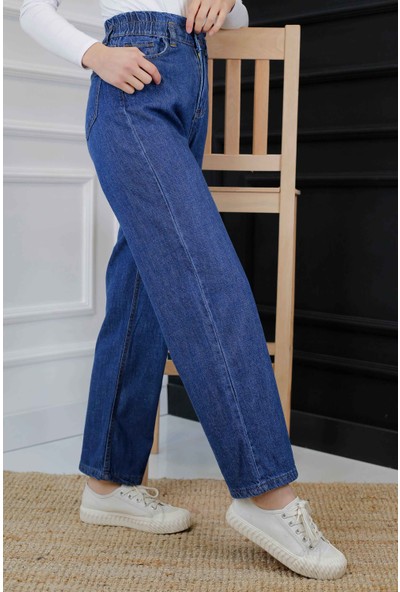 İmaj Butik İmaj Beli Lastikli Çift Düğmeli Bol Paça Kot Pantolon-Koyu Mavi