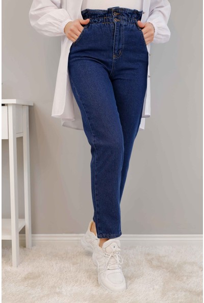 İmaj Butik İmaj Yüksek Bel Beli Lastikli Mom Jean Kot Pantolon-Bej