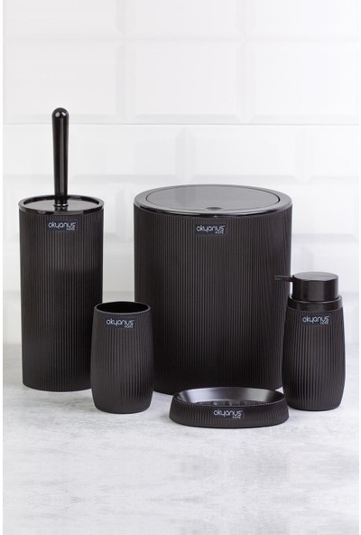 Okyanus Home Siyah Çizgili Yuvarlak 5'li Banyo Seti