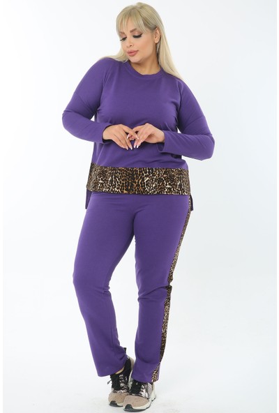 1fazlası Kadın Büyük Beden Pamuklu Mor Leopar Garnili Eşofman Takımı 1fazlası Kadın Büyük Beden Pamuklu Mor Leopar Garnili Eşofman Takımı
