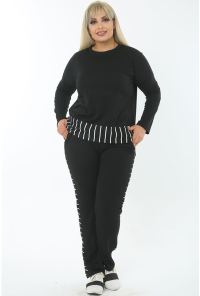 1fazlası Kadın Büyük Beden Pamuklu Siyah Çizgi Garnili Eşofman Takımı 1fazlası Kadın Büyük Beden Pamuklu Siyah Çizgi Garnili Eşofman Takımı