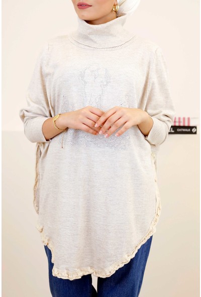 İmaj Butik İmaj Önü Taşlı Triko Panço-Kırmızı