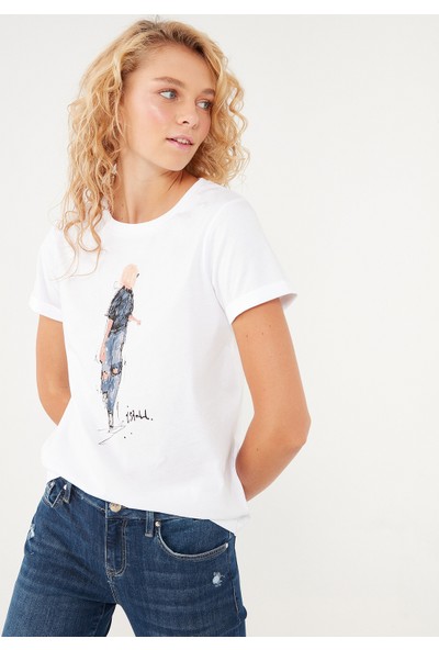 Mavi Denim Baskılı Beyaz Istanbul Tişört Mavi Denim Baskılı Beyaz Istanbul Tişört