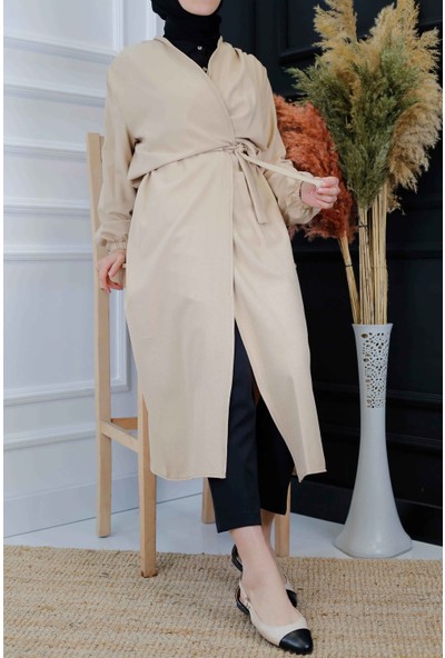 İmaj Butik İmaj Belden Bağlamalı Krevize Yaka Krep Kap-Gri