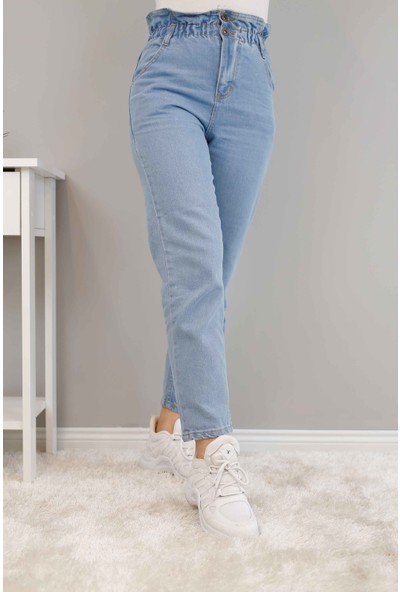 İmaj Butik İmaj Yüksek Bel Beli Lastikli Mom Jean Kot Pantolon-Bej