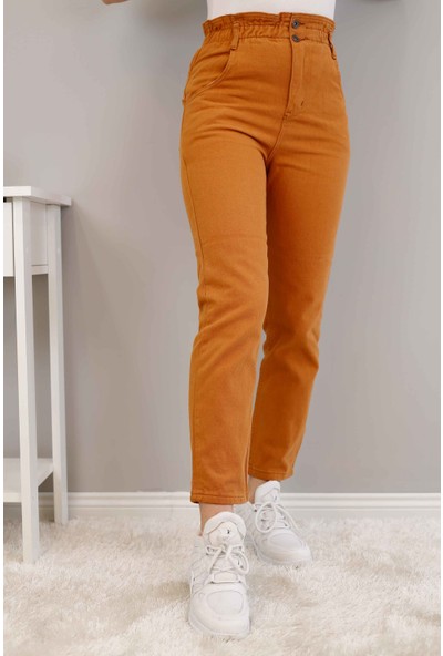 İmaj Butik İmaj Yüksek Bel Beli Lastikli Mom Jean Kot Pantolon-Bej İmaj Butik İmaj Yüksek Bel Beli Lastikli Mom Jean Kot Pantolon-Bej