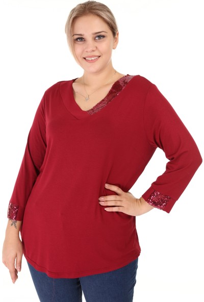 Lir Kadın Büyük Beden Uzun Kol V Yaka Payet Detay Bluz Bordo L2316